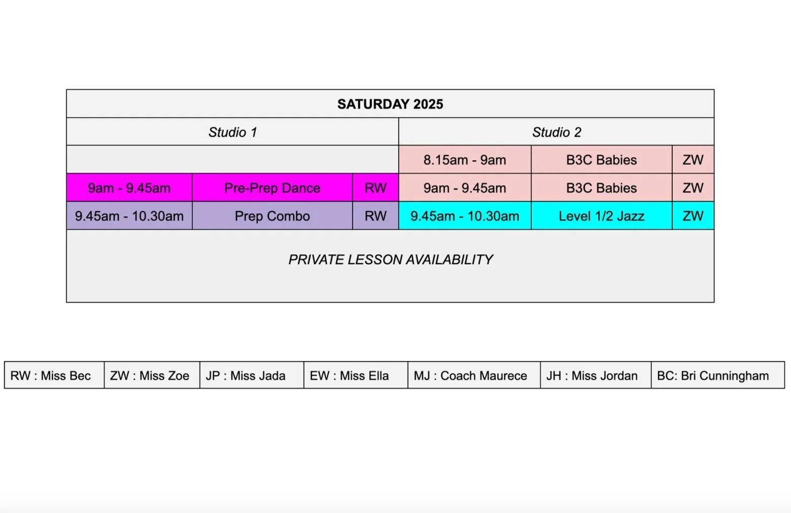 Timetable | Check Class Schedule — B3C Studios